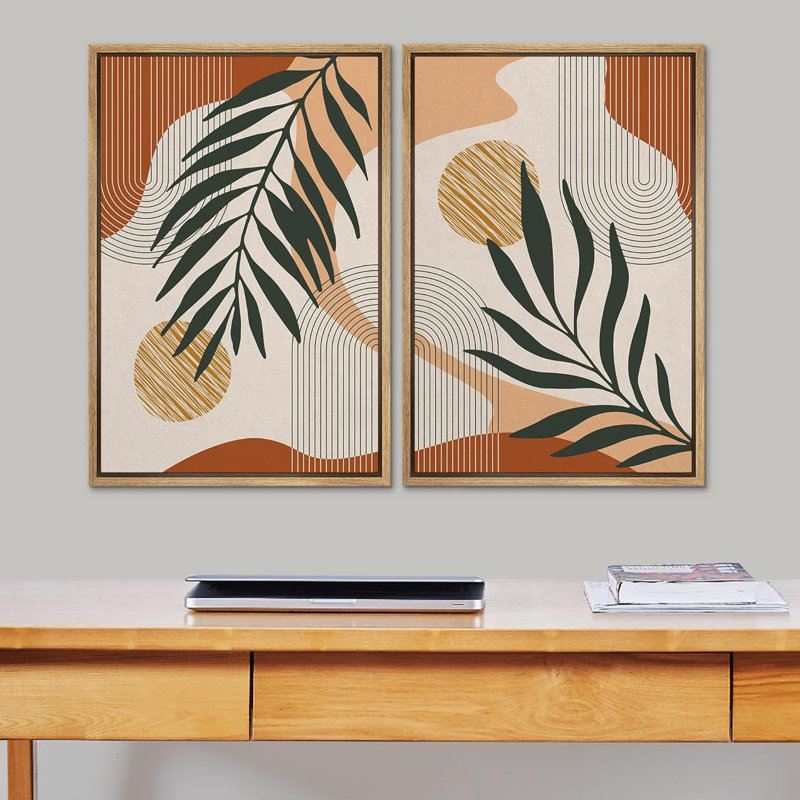 IDEA4WALL Mid Century Modern Palm Leaf Geometry Abstract Plants Framed Canvas 2 Piece Print Boho ...